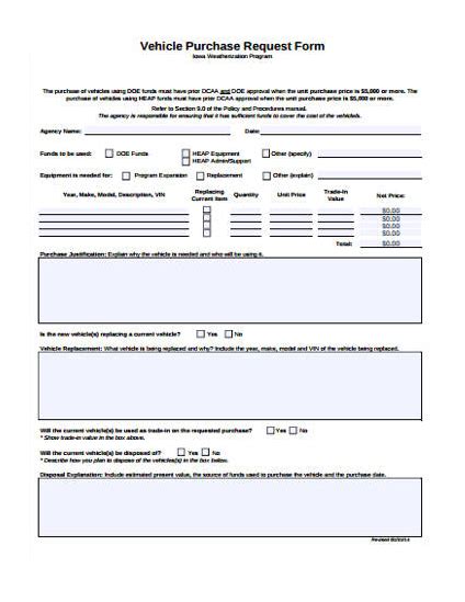 Vehicle Purchase Request Form Free Excel Templates