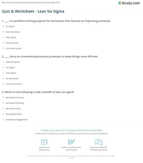 Quiz Worksheet Lean Six Sigma Study