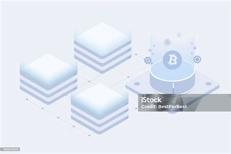 암호 화폐 또는 디지털 통화 마이닝 농장 블록 체인 기술로 비트 코인 라이트 코인 및 이더리움 동전 을 만듭니다 웹 디자인 방문 페이지 및 프레젠테이션을 위한 아이소메트릭