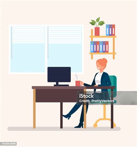 직장에서 작업 행복 웃는 여자 비서 사무실 노동자 문자 비즈니스 직업 작업 시간 개념입니다 벡터 디자인 그래픽 평면 만화 고립