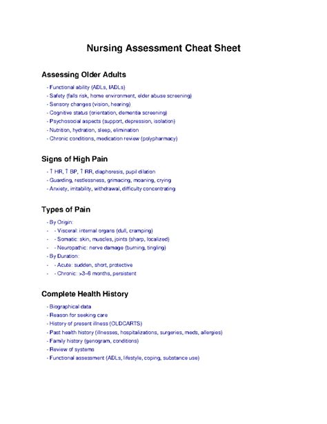 Nursing Assessment Cheat Sheet Older Adults Functional And Safety