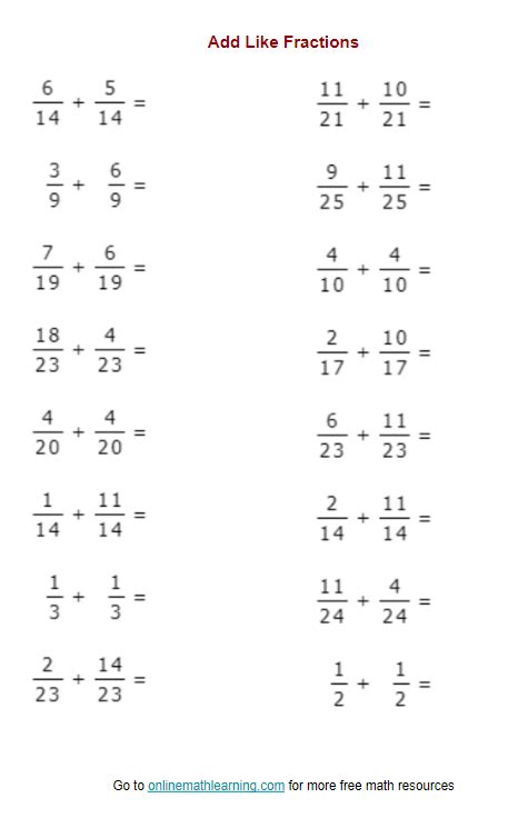 Add Like Fractions Worksheet Examples Answers Videos Activities