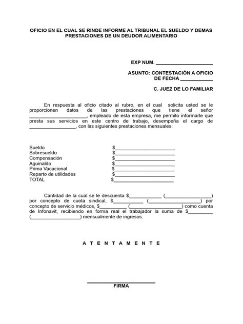 Oficio En El Cual Se Rinde Informe Al Tribunal El Sueldo Y Demas Prestaciones De Un Deudor