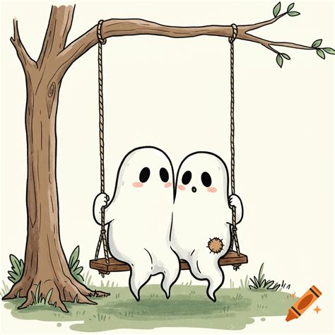 Two Cute Cartoon Ghosts Sit Together On A Swing Hanging From A Tree