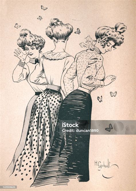 세 명의 아름다운 젊은 여성의 캐릭터 스케치 벨 에포크 시대 패션 프랑스 1890년대 19세기 19세기에 대한 스톡 벡터 아트 및 기타 이미지 Istock