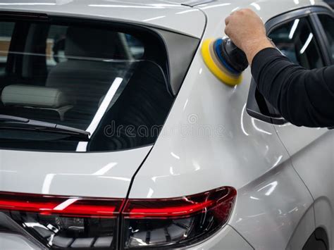 Process Of Polishing White Car Body Surface Using Orbital Polishing Machine Stock Image Image