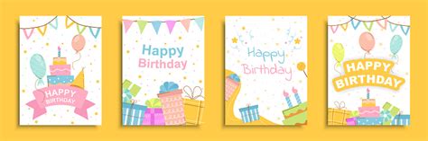 생일 축하 표지 브로셔 세트 평면 디자인 다채로운 깃발 화환이 있는 포스터 템플릿 양초가 있는 케이크 풍선과 색종이 조각 깜짝 파티를 위한 리본이 있는 선물 상자 벡터