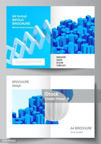 이중 브로셔 전단지 잡지 커버 디자인 책 디자인에 대한 두 개의 A4 커버 모형 템플릿의 벡터 레이아웃 동적 사실적인 기하학적 파란색 셰이프가 있는 3d 렌더링 벡터 컴