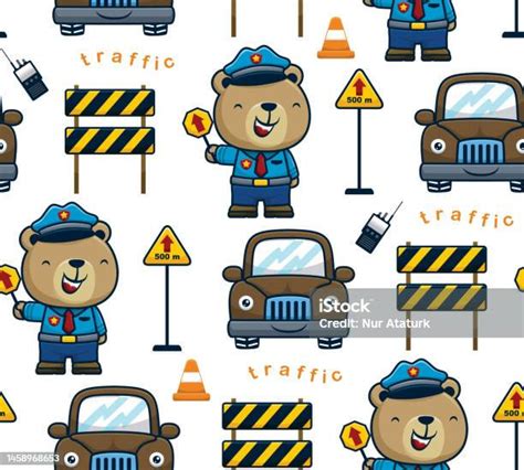 경찰관 유니폼을 입은 귀여운 곰 만화의 매끄러운 패턴 벡터 교통 요소가 있는 웃는 차 감시에 대한 스톡 벡터 아트 및 기타 이미지 감시 개체 그룹 건설용 배리어