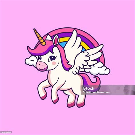 날개와 아름 다운 무지개 만화 벡터 일러스트 레이 션과 함께 귀여운 비행 유니콘 경외감에 대한 스톡 벡터 아트 및 기타 이미지 경외감 구름 귀여운 Istock