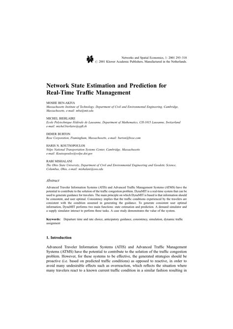 Pdf Network State Estimation And Prediction For Real Time Traffic Management