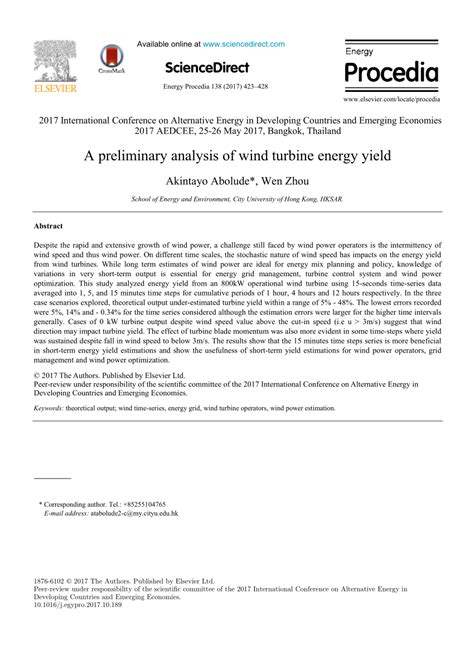 Pdf A Preliminary Analysis Of Wind Turbine Energy Yield