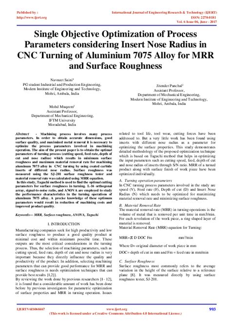 Pdf Single Objective Optimization Of Process Parameters Considering Insert Nose Radius In Cnc