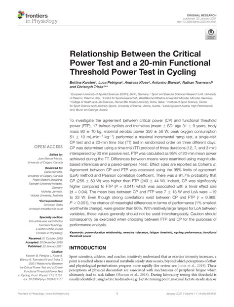 Pdf Relationship Between The Critical Power Test And A 20 Min Functional Threshold Power Test