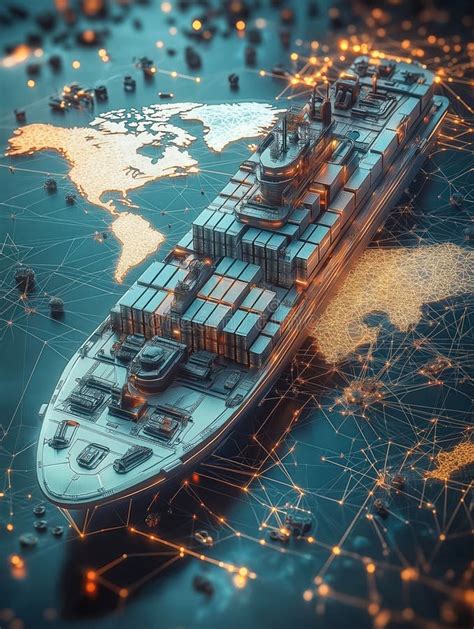 Futuristic Container Ship On Global Network Global Trade Concept Digital Ship With Connected
