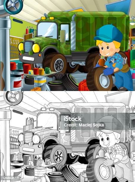 일부 차고에서 스케치 수리공과 만화 장면 작업 수리 자동차 또는 청소 작업 장소 그림 경찰관에 대한 스톡 벡터 아트 및 기타