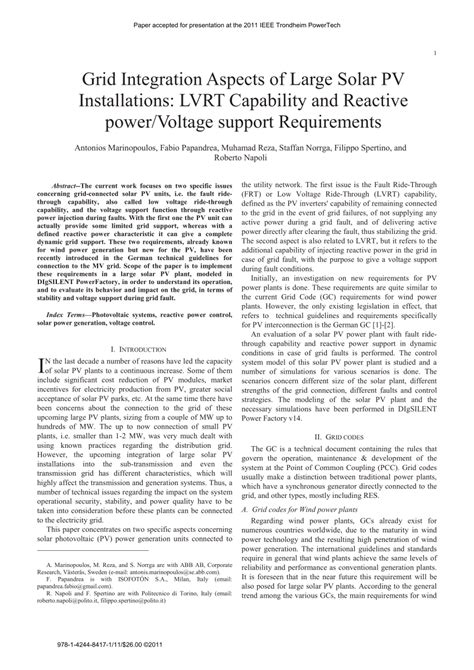 Pdf Grid Integration Aspects Of Large Solar Pv Installations Lvrt