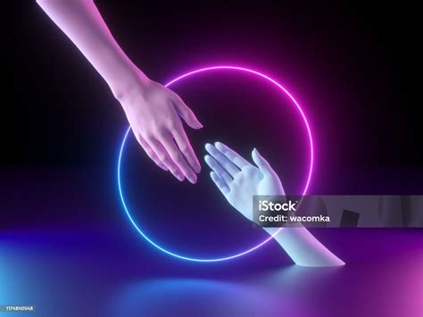 3d 렌더링 추상적 인 최소한의 네온 배경 자외선에 핑크 블루 마네킹 손 파트너십 지원 및 도움말 개념 Sacred Geometry에 대한 스톡 사진 및 기타 이미지