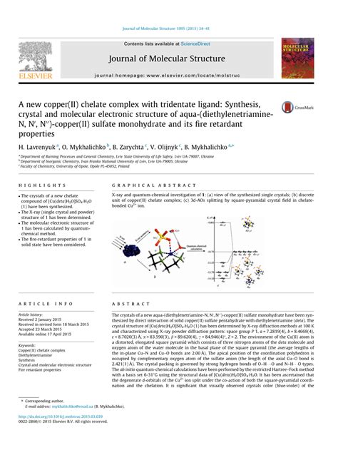 Pdf A New Copperii Chelate Complex With Tridentate Ligand Synthesis Crystal And Molecular