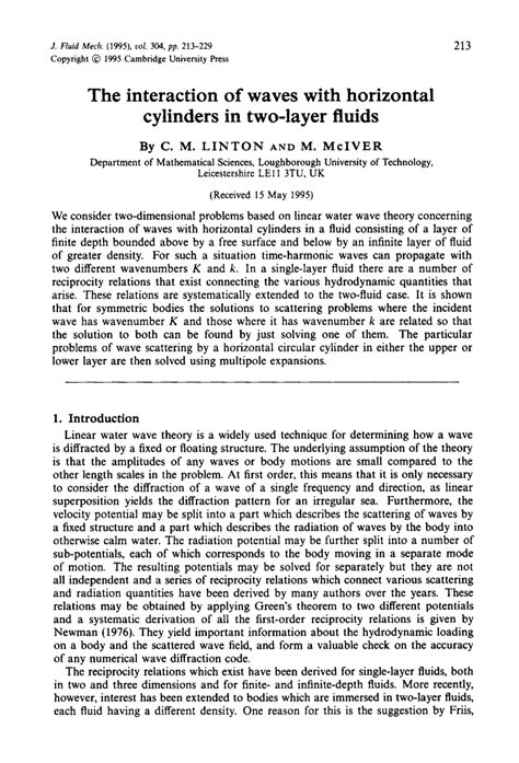Pdf Interaction Of Waves With Horizontal Cylinders In Two Layer Fluids