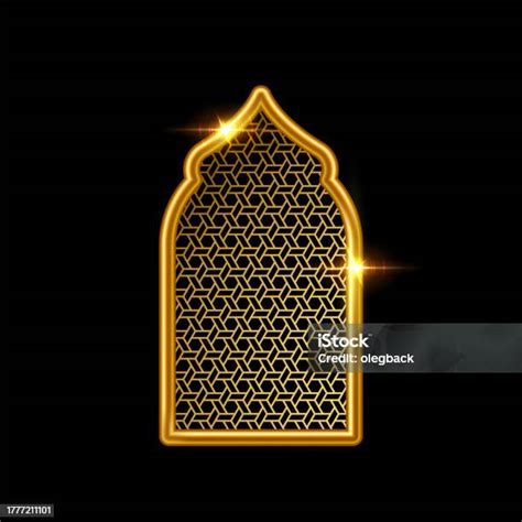 검은 배경에 분리된 패턴 벡터 그림이 있는 이슬람 창 오리엔탈 장식 장식의 전통적인 아라비아 디자인 요소 무슬림 골드 프레임 게이트에 대한 스톡 벡터 아트 및 기타 이미지