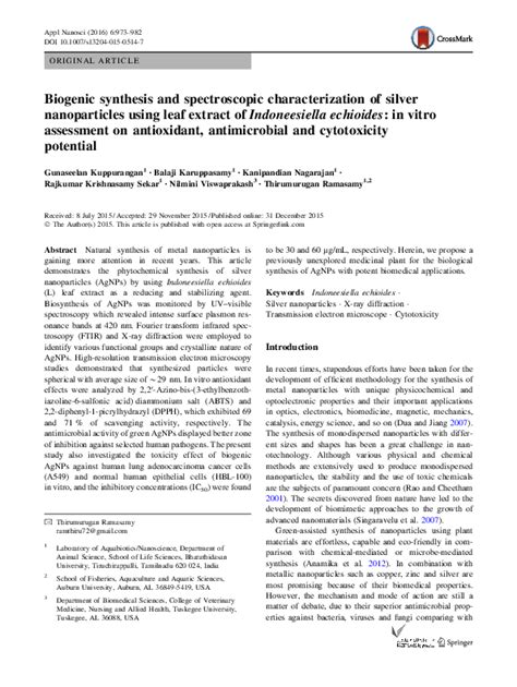 Pdf Biogenic Synthesis And Spectroscopic Characterization Of Silver Nanoparticles Using Leaf