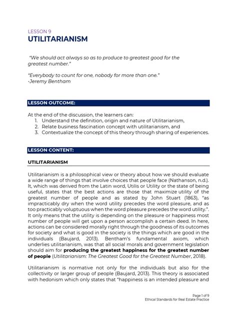 Lesson 10 Utilitarianism Pdf Utilitarianism Pleasure