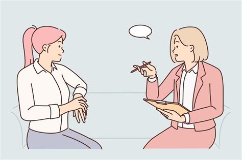 여성 Hr 관리자는 전문가 팀의 일원이 되고자 하는 지원자에게 질문을 합니다 프리미엄 벡터