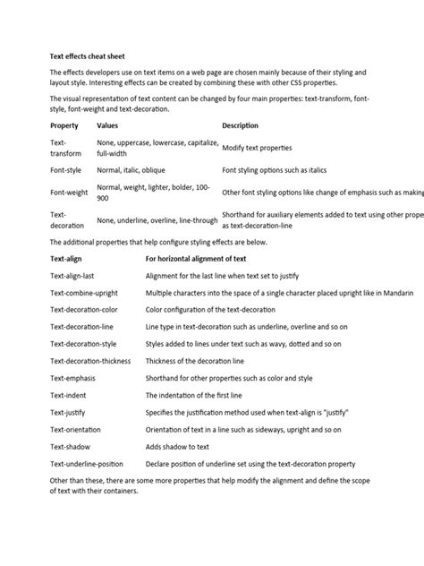 Text Effects Cheat Sheet Pdf Publishing Typography