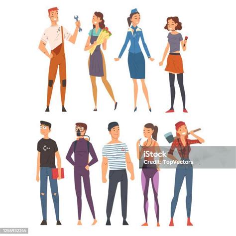 다양한 직업 세트 배관공 플로리스트 가수 스튜어디스 프로그래머 다이버 세일러 코치 목재 잭 벡터 일러스트 수병에 대한 스톡 벡터