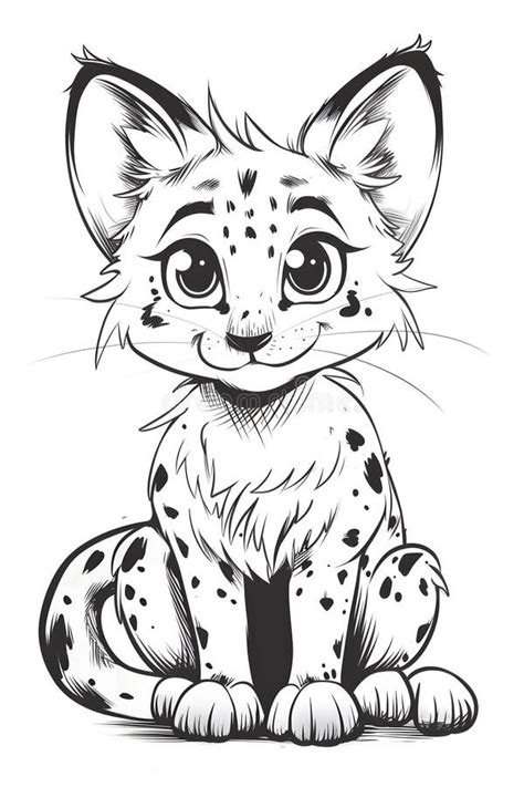 A Black And White Drawing Of A Cartoon Leopard Cub Sitting Down Stock Illustration