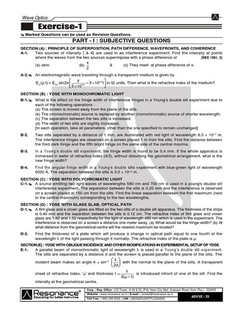 Wave Optics Exercises Pdf Wavelength Diffraction