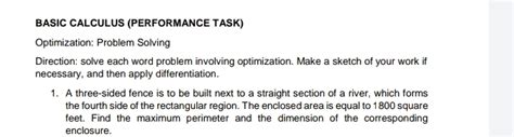 Solved Basic Calculus Performance Task Optimization Problem Solving Direction Solve Each Wo