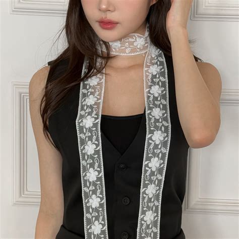 블루씨티 [봄신상] 리프 레이스 플라워 시스루 패턴 롱 타이 스카프