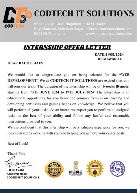 Rachit Jain On Linkedin Internship Fullstack Codetechitsolutions Careergrowth Learning