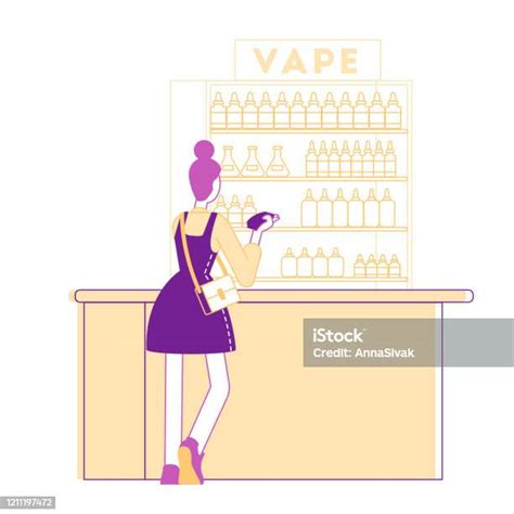 Vape 상점에서 카운터 데스크에서 캐주얼 드레싱 스탠드를 입고 젊은 여성 캐릭터 기화기 액체를 구입 하는 여자 흡연 니코틴과 담배 중독 전자 담배 Vaping 선형 벡터