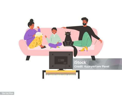 인종 아라비아 또는 히스패닉 가족은 집에서 소파에 앉아 함께 Tv를보고 만화 평면 벡터 일러스트 가족에 대한 스톡 벡터 아트 및 기타 이미지 Istock