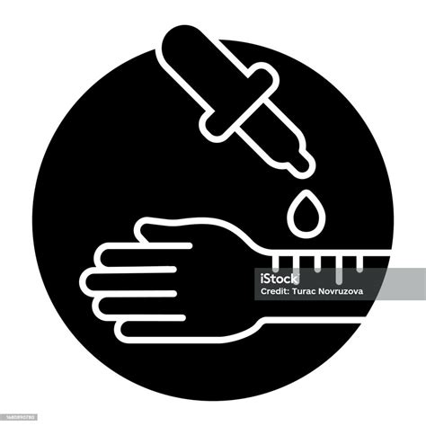 피펫 단단한 아이콘 알레르기 개념 흰색 배경에 알레르기 테스트 기호 글리프 스타일의 모바일 개념 웹 디자인에 알레르겐 아이콘이 있는 손과 피펫 벡터 그래픽 건강 진단에 대한