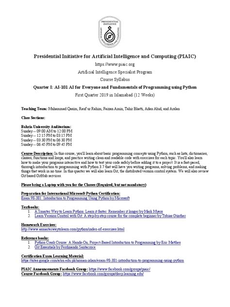 Piaic Ai Q1 Syllabus Islamabad Pdf Learning Behavior Modification