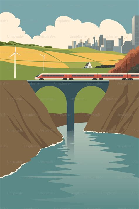 신칸센이 강 다리를 통과합니다 배경에 도시 풍경 풍력 터빈이 있는 평화로운 초원 벡터 Unsplash의 친환경 기술 이미지