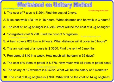Worksheet On Unitary Method Unitary Method Word Problems Answers