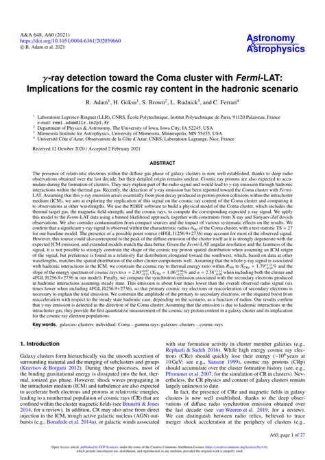 Pdf Gamma Ray Detection Toward The Coma Cluster With Fermi Lat Implications For The Cosmic