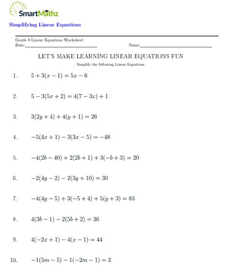 Simplifying Linear Equations Smartmathz