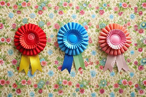 Bright Triple Rosette On The Background Of Wallpaper With Flowers Ai Generative Stock