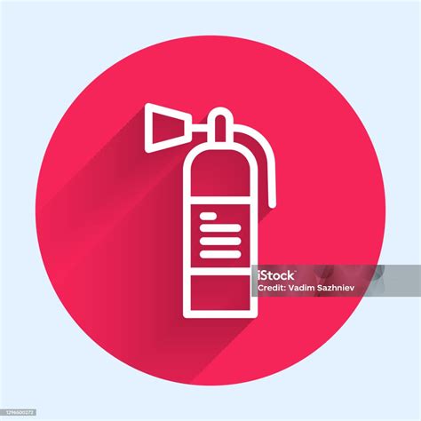 긴 그림자로 분리된 화이트 라인 소화기 아이콘 빨간색 원 버튼입니다 벡터 소화기에 대한 스톡 벡터 아트 및 기타 이미지