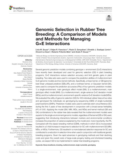 Pdf Genomic Selection In Rubber Tree Breeding A Comparison Of Models