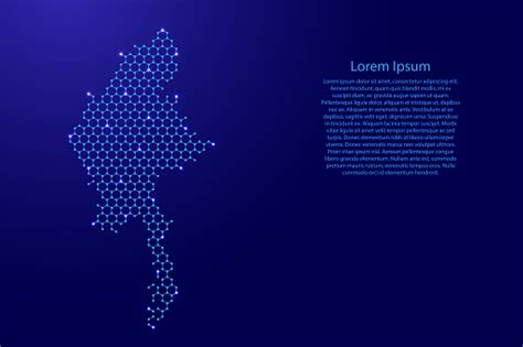 미래 육각 형 모양 선 노드에서 파란색과 빛나는 별 배너 포스터 인사말 카드에 대한 벌집 또는 분자 구조의 형태로 미얀마지도 벡터 그림입니다 0명에 대한 스톡 벡터 아트 및