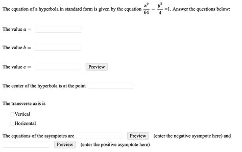 Solved The Equation Of A Hyperbola In Standard Form Is Given