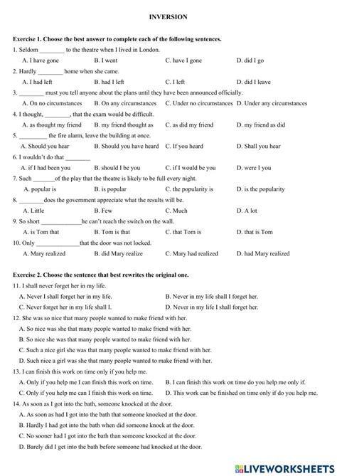 Inversion English Language Worksheet