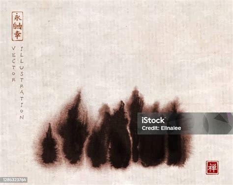 빈티지 배경에 스미 잉크로 손으로 그린 잉크 워시 페인팅 나무 일본의 전통 잉크 워시 페인팅 스미e 상형 문자의 번역 영원 자유